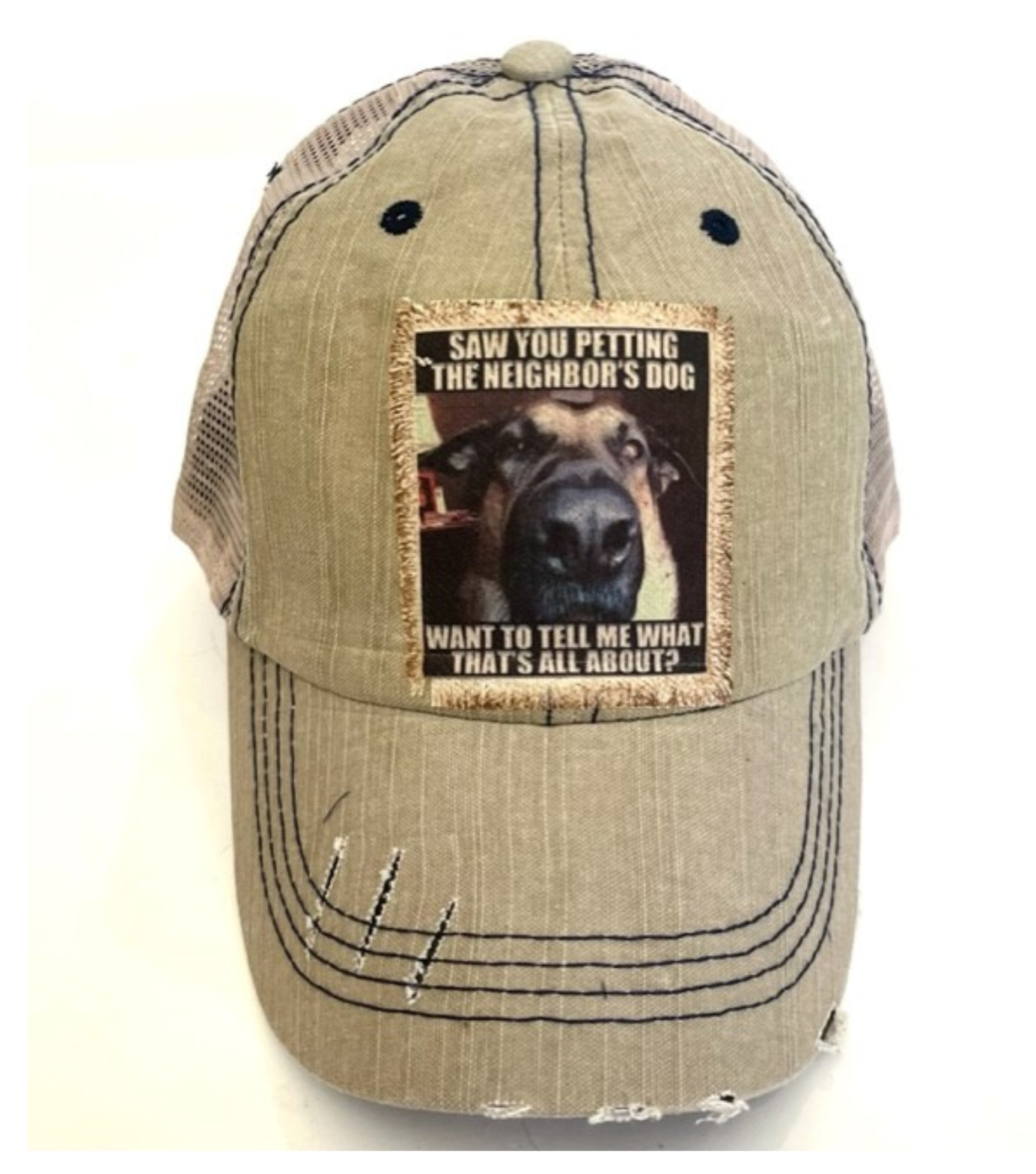 "SAW YOU PETTING THE NEIGHBOR'S DOG" DISTRESSED TRUCKER HAT (#451 ...